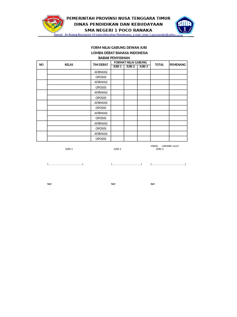 FORM NILAI DEWAN JURI DEBAT BINDO DAN BING | PDF