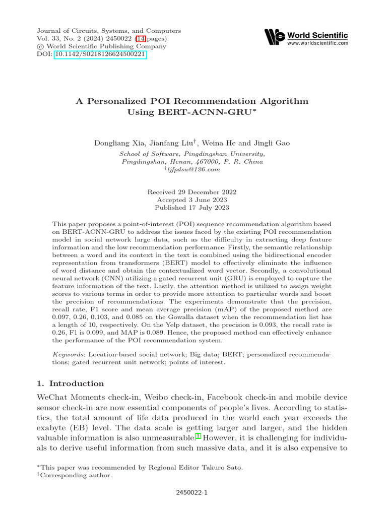 Xia Et Al 2023 A Personalized Poi Recommendation Algorithm Using Bert Acnn Gru | PDF | Cognitive ...