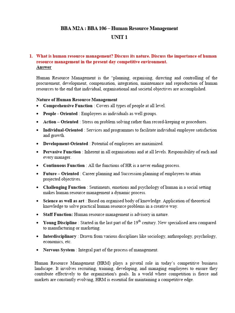 BBA106 Human Resource Management Question Bank With Answer Key Unit 1 ...