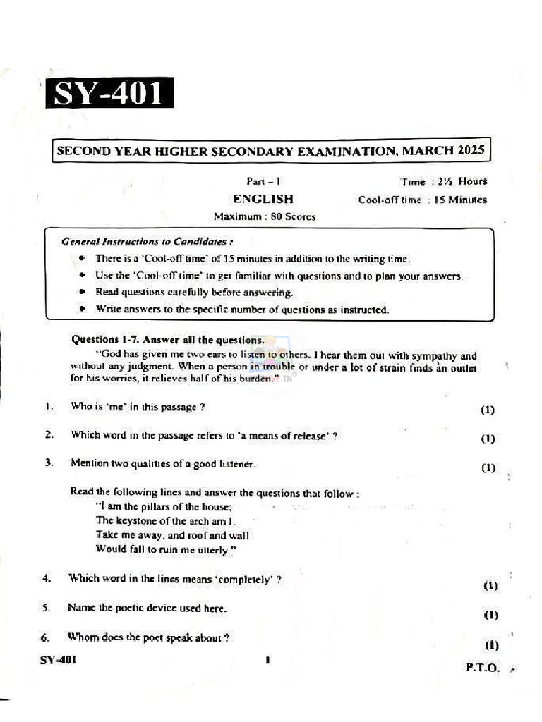 Hsslive Xii Eng March QP 2025 | PDF