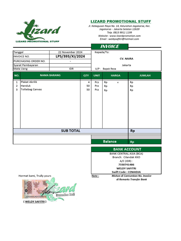 Invoice Plakat, Handuk Dan Tottebag Canvas CV NAIRA Bpk Reza | PDF