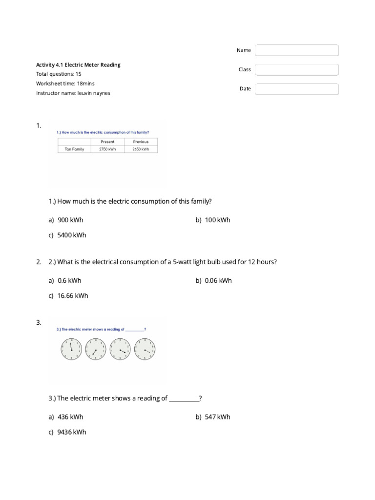 Electric Meter Reading Quiz | PDF | Physical Quantities | Electric Power