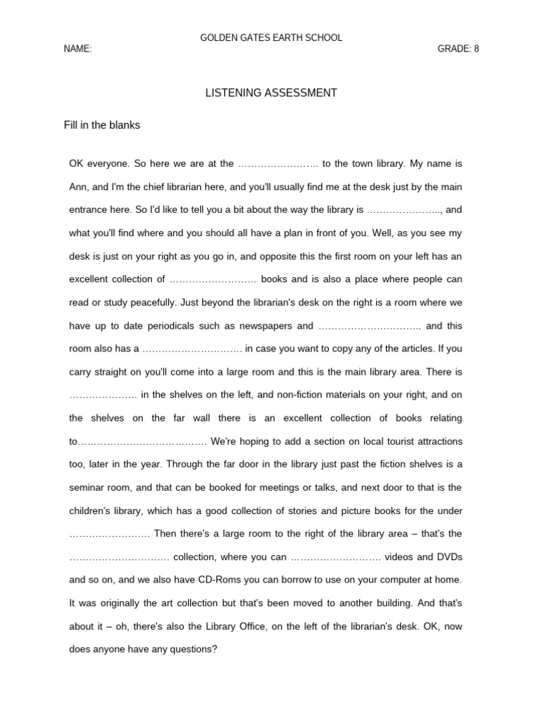 Grade 8 Listening Assessment WS | PDF