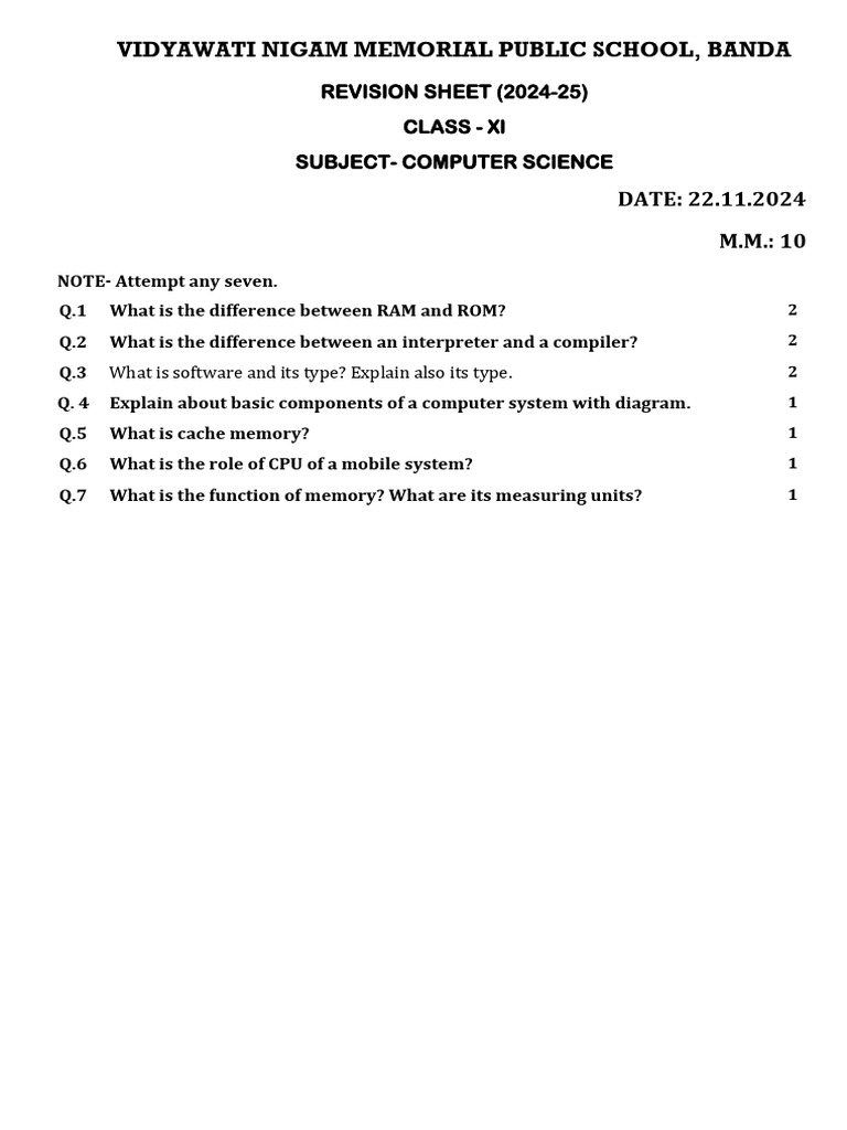 Class XI Computer Science Revision Sheet | PDF