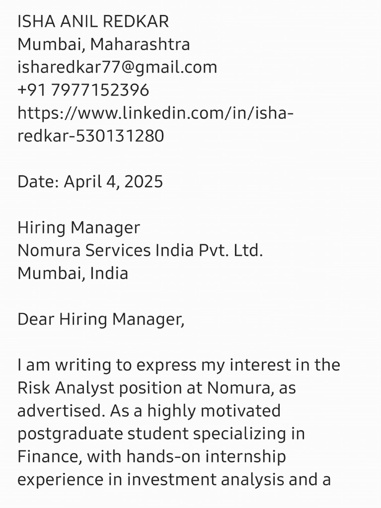 Nomura Cover Letter Risk Analyst | PDF