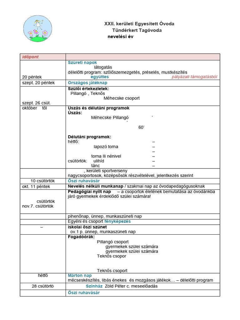 Éves programterv 2019-20 Tündérkert óvoda | PDF