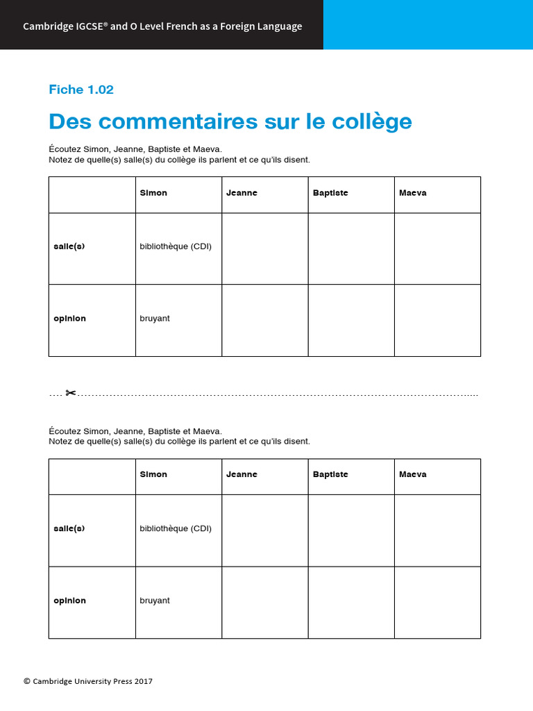 Cambridge IGCSE French Worksheet 1.02 | PDF