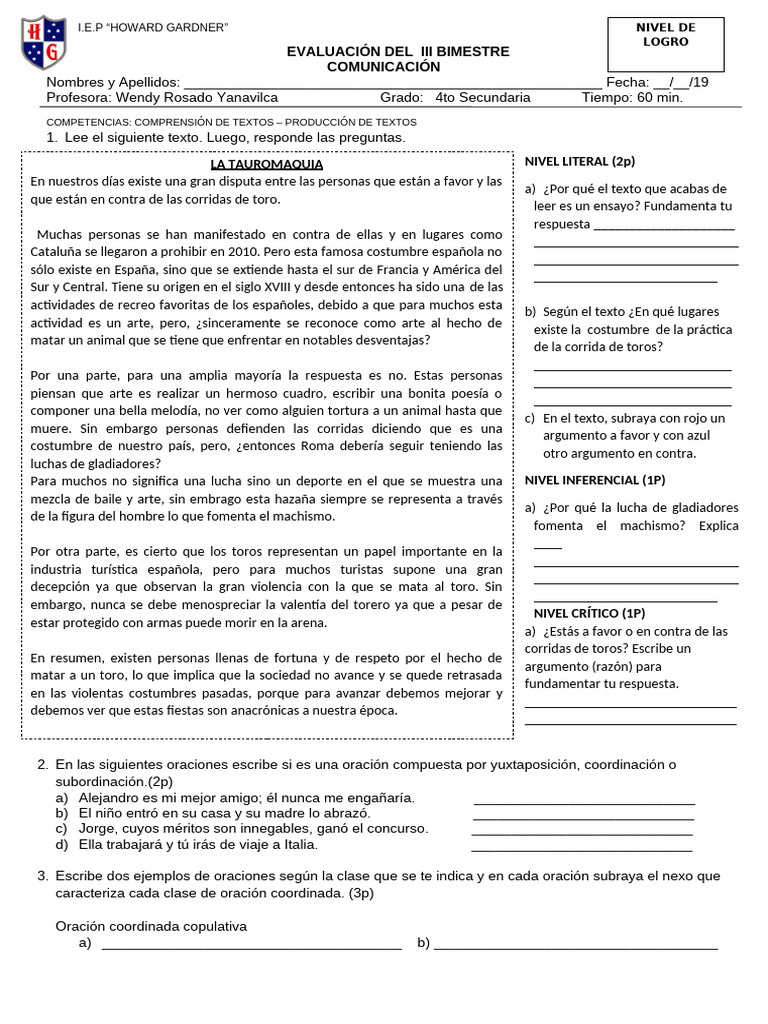 Evaluación III Bim. de Comunicación 4to Sec. | PDF