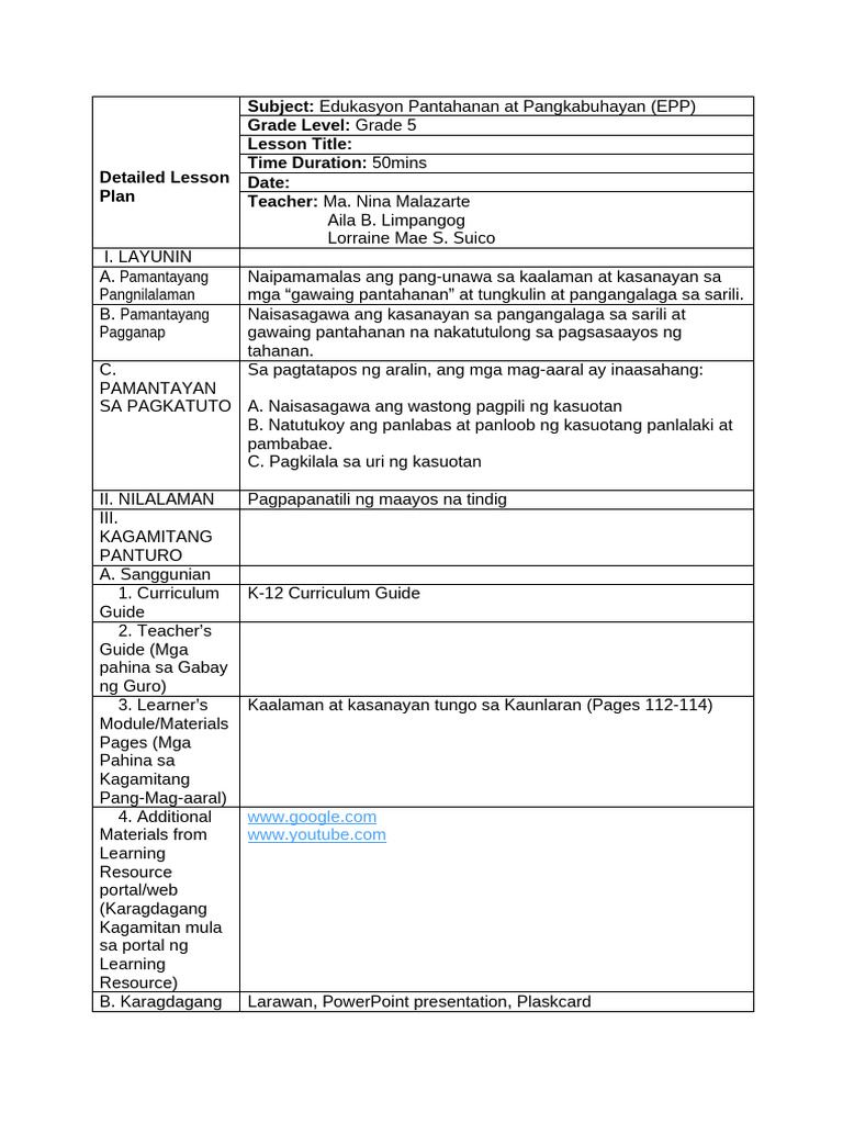 Detailed Lesson Plan EPP(1) | PDF