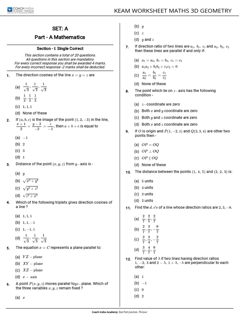KEAM WORKSHEET MATHS 3D GEOMETRY-A-TestPaper-1743573931 | PDF ...