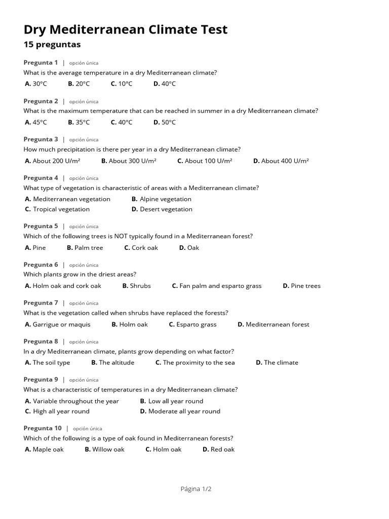 Dry Mediterranean Climate Quiz | PDF | Climate | Earth Sciences