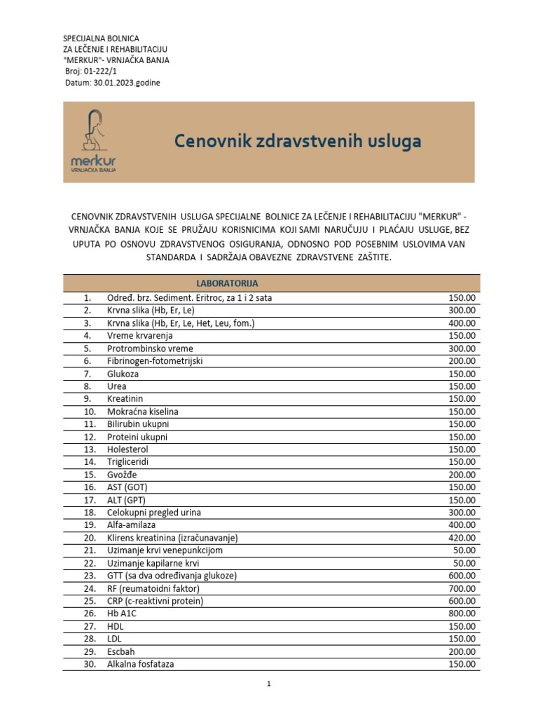 Cenovnik Laboratorijskih Usluga | PDF