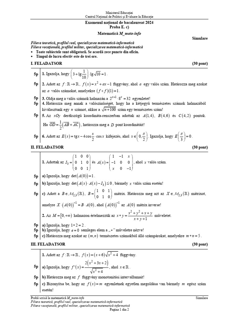 E C Matematica M Mate-Info 2024 Var Simulare LMA | PDF