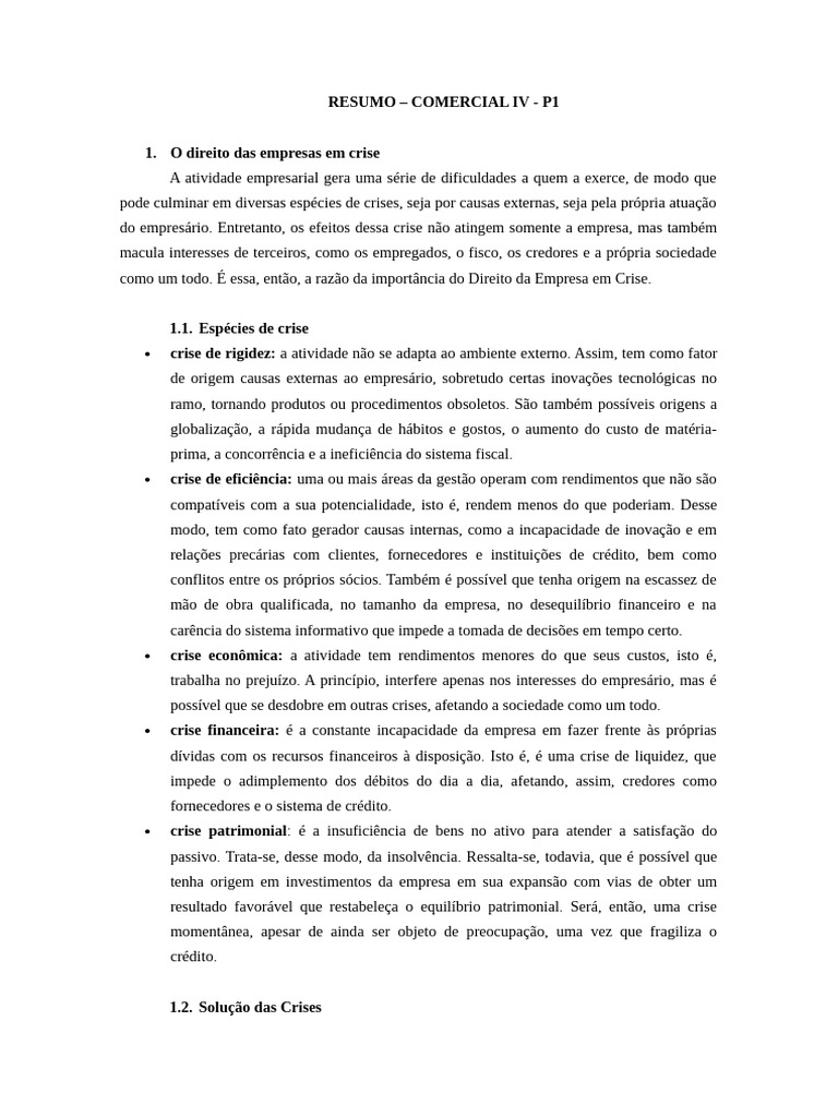 Caderno - P1 - Comercial Iv - Resumo | PDF | Falência | Crédito