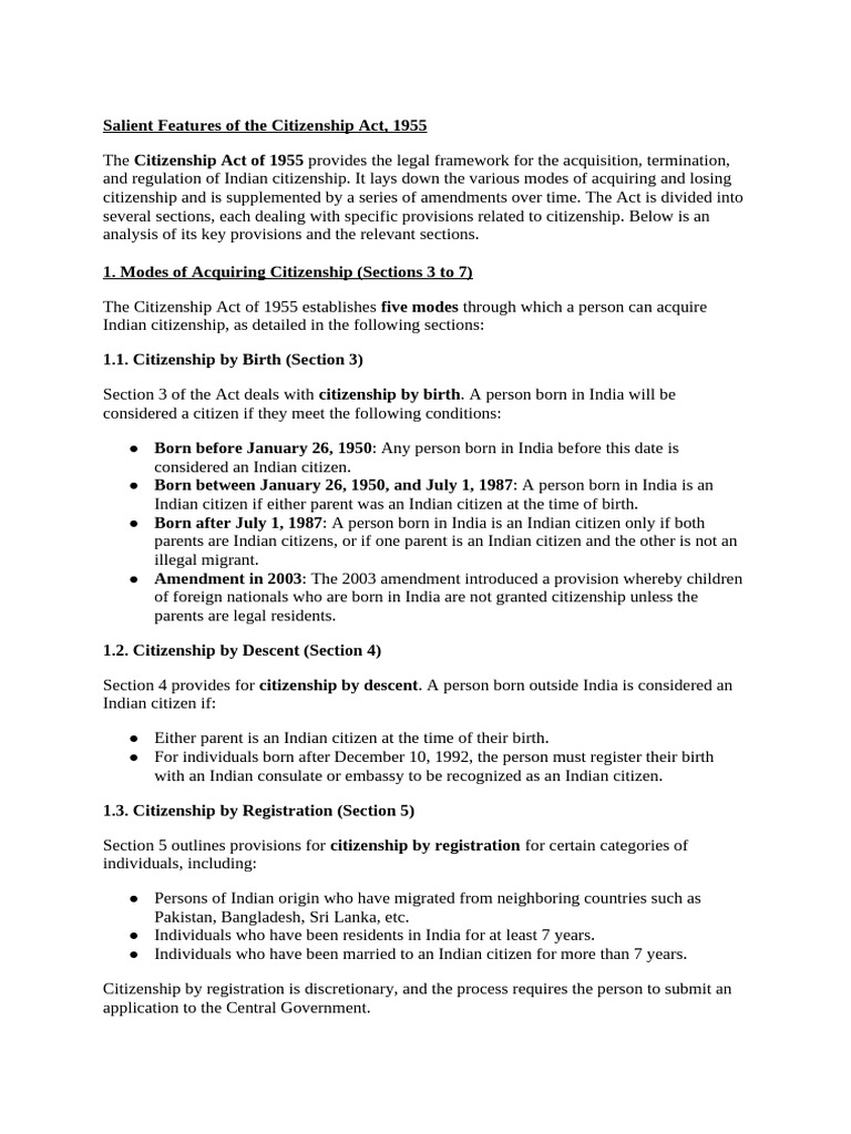 Salient Features of The Citizenship Act, 1955 | PDF | Naturalization ...