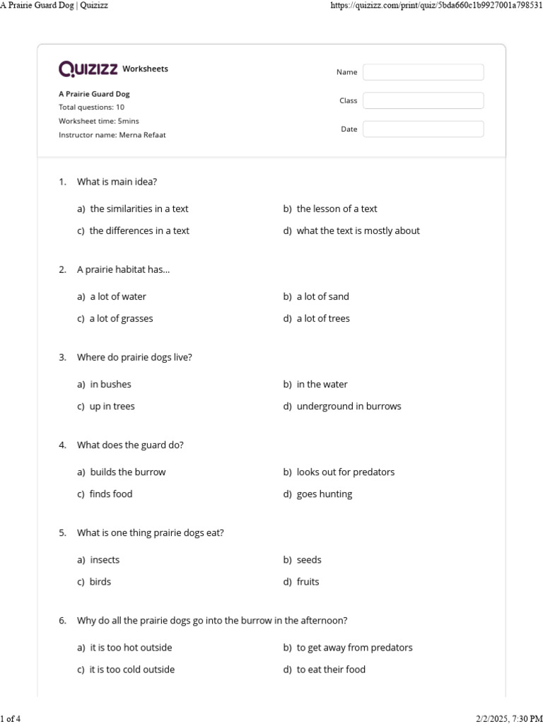 A Prairie Guard Dog - Quizizz | PDF | Predation | Zoology