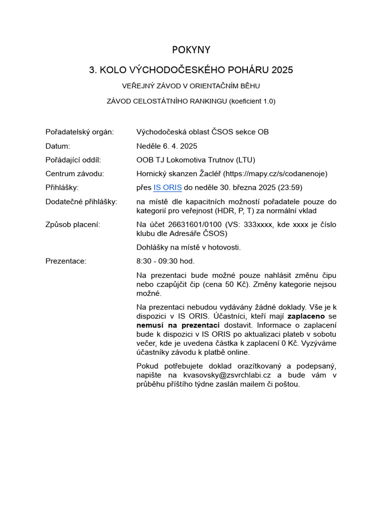 Pokyny: 3. Kolo Východočeského Poháru 2025 | PDF