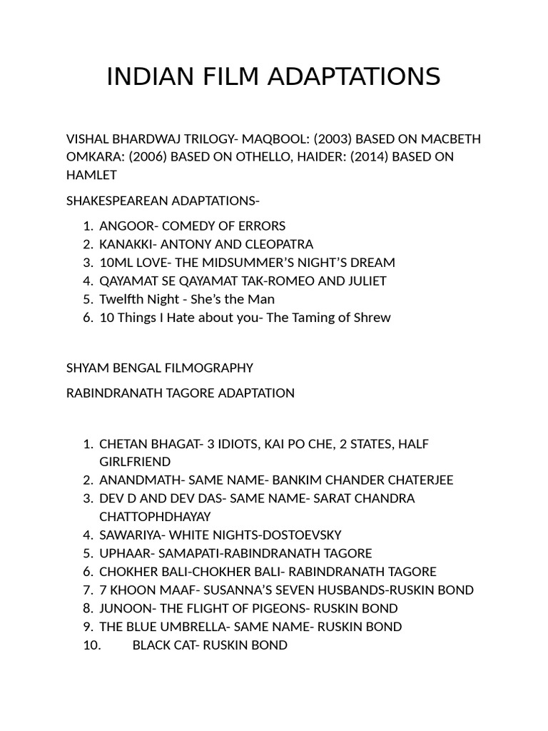 INDIAN FILM ADAPTATIONS | PDF