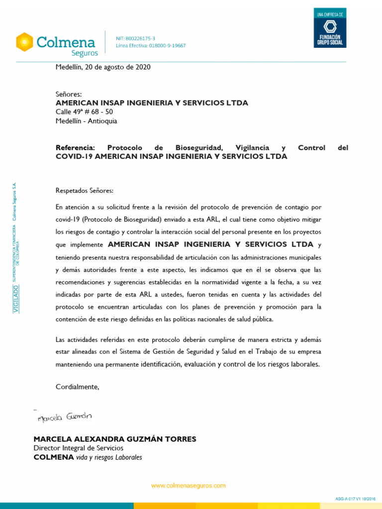 Carta protocolo Covid ARL COLMENA | PDF