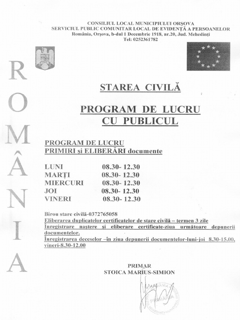 Program de Lucru - Starea Civila Orsova | PDF