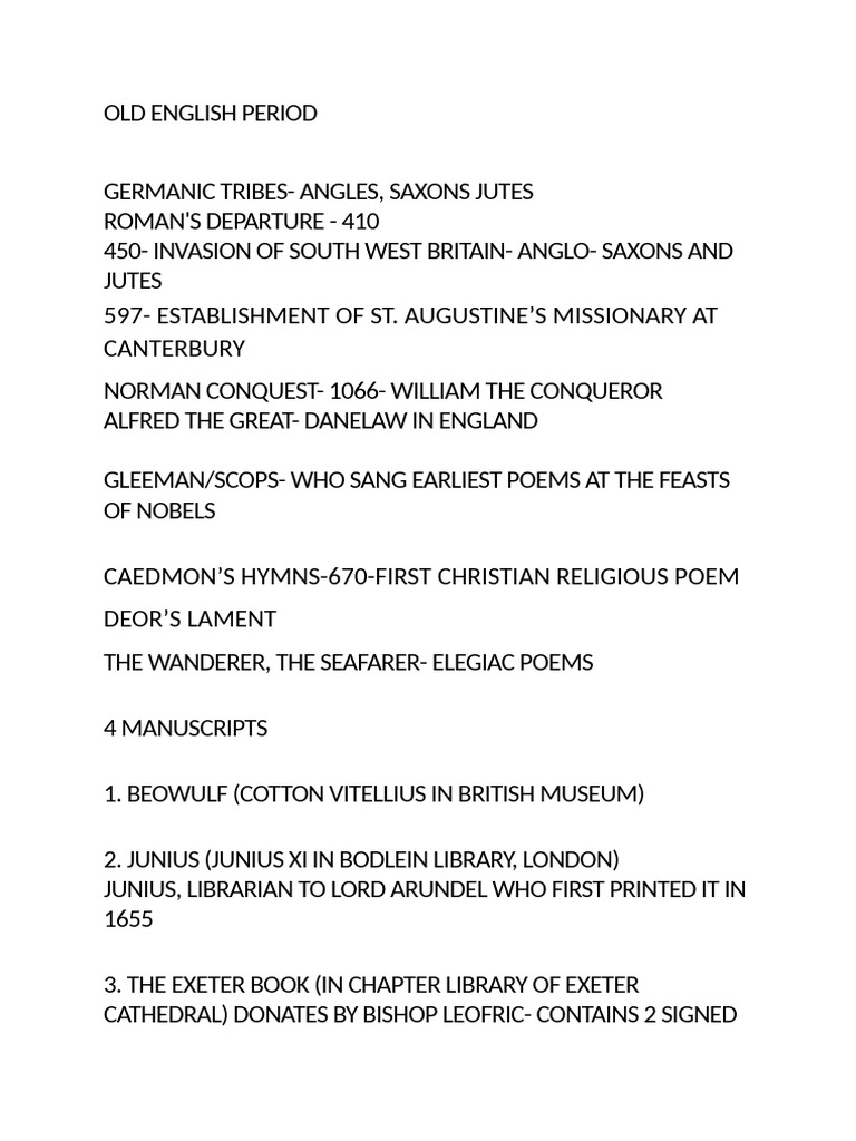 Old English Literature Overview | PDF | Beowulf | Anglo Saxons