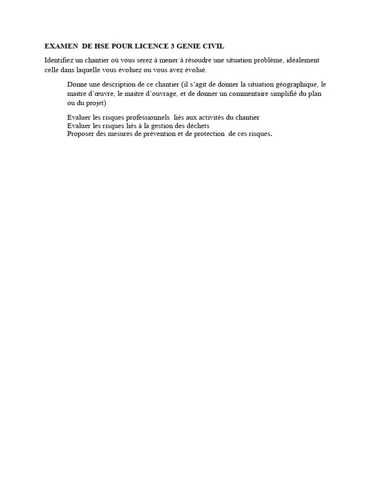 Examen HSE Licence 3 Génie Civil | PDF