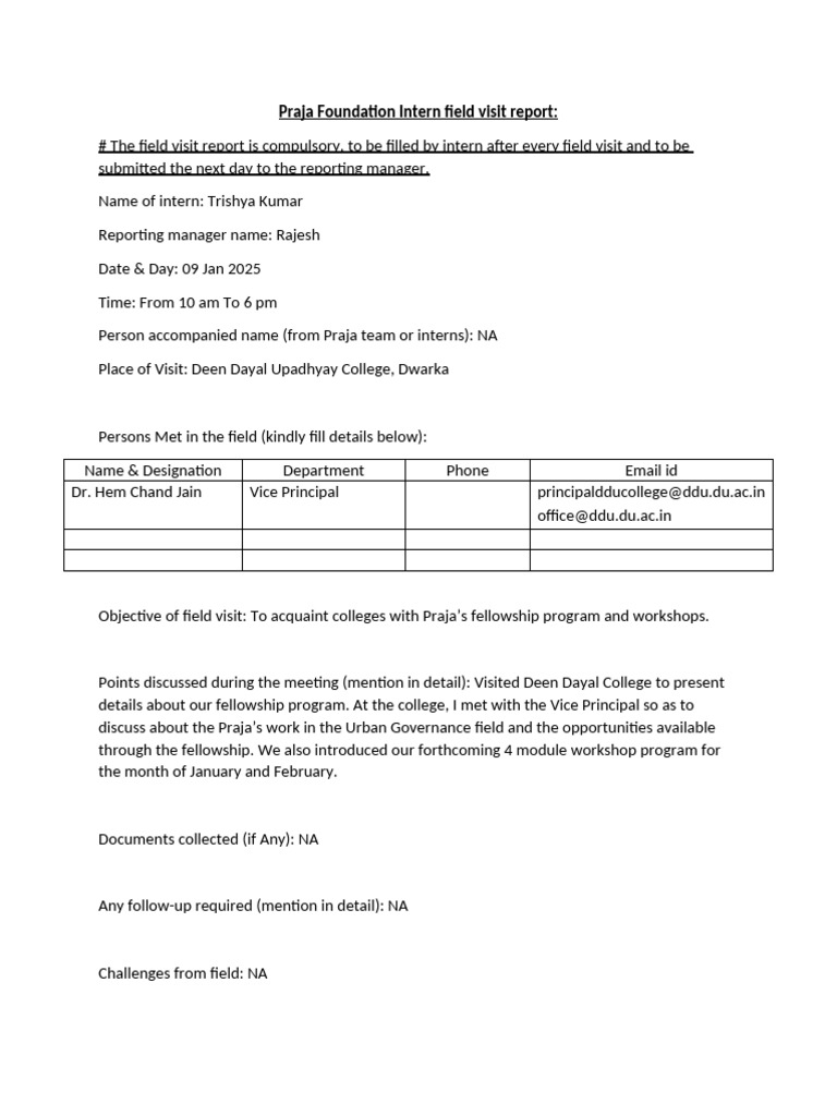 Intern Field Visit Report-09 Jan 2025 | PDF