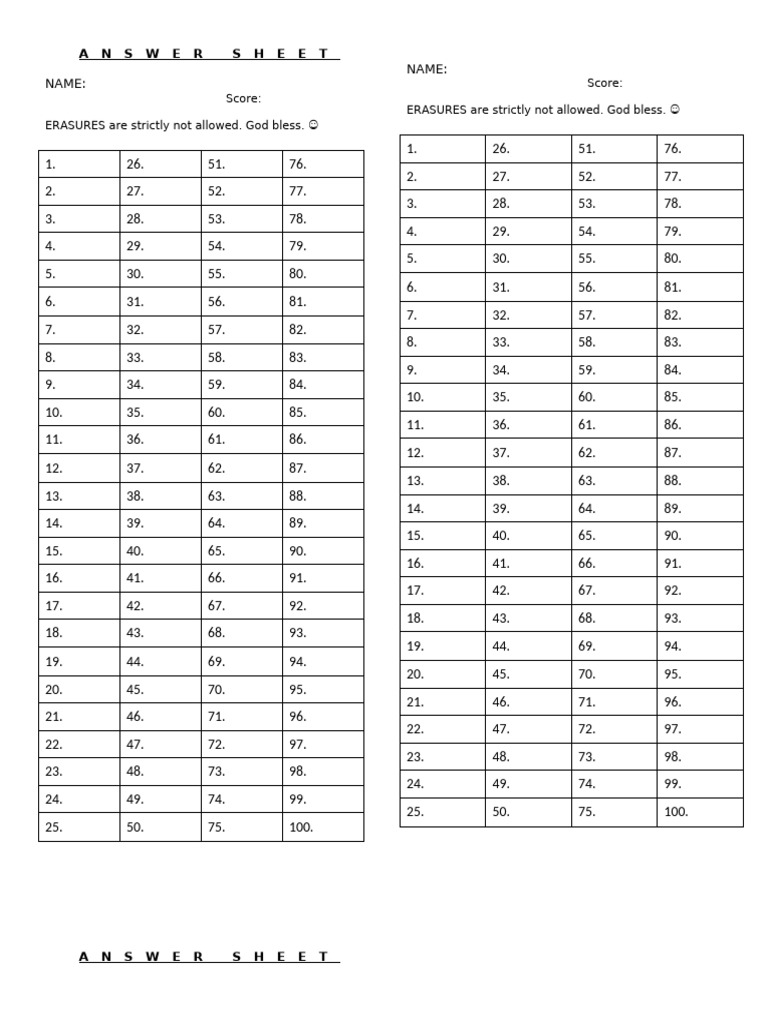 100 MCQ Answer Sheet | PDF