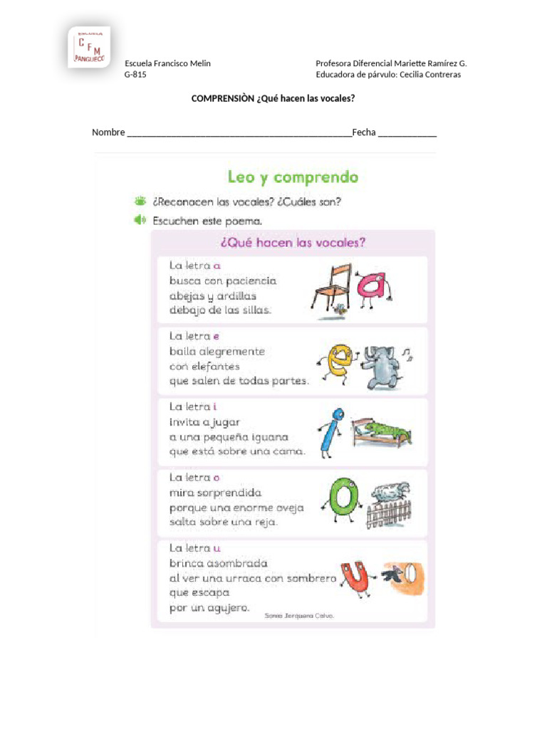 Comprensiòn de Texto Poema Las Vocales | PDF