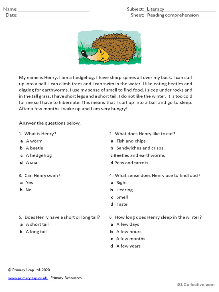 Reading Comprehension - A Hedgehog Called Henry | PDF
