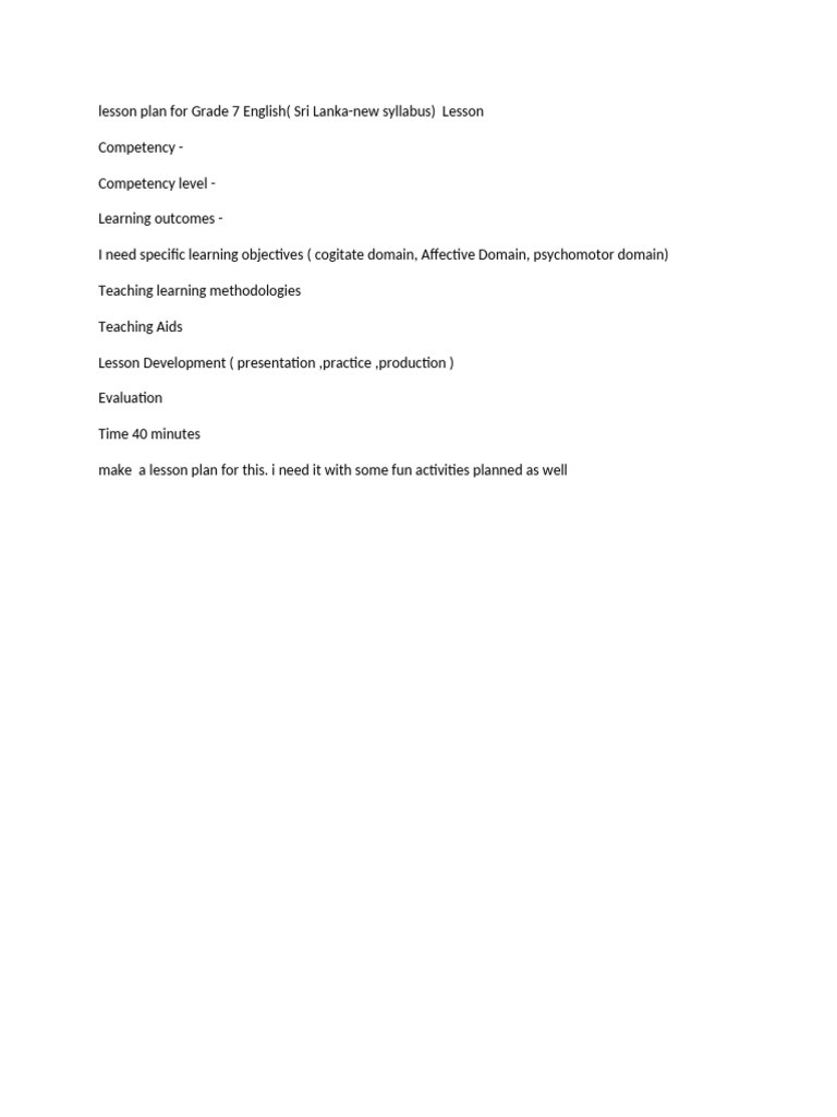 Lesson Plan For Grade 7 Eng | PDF