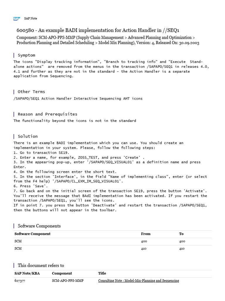 PPDS OSS An Example BADI Implementation For Action Handler in SEQ1 | PDF