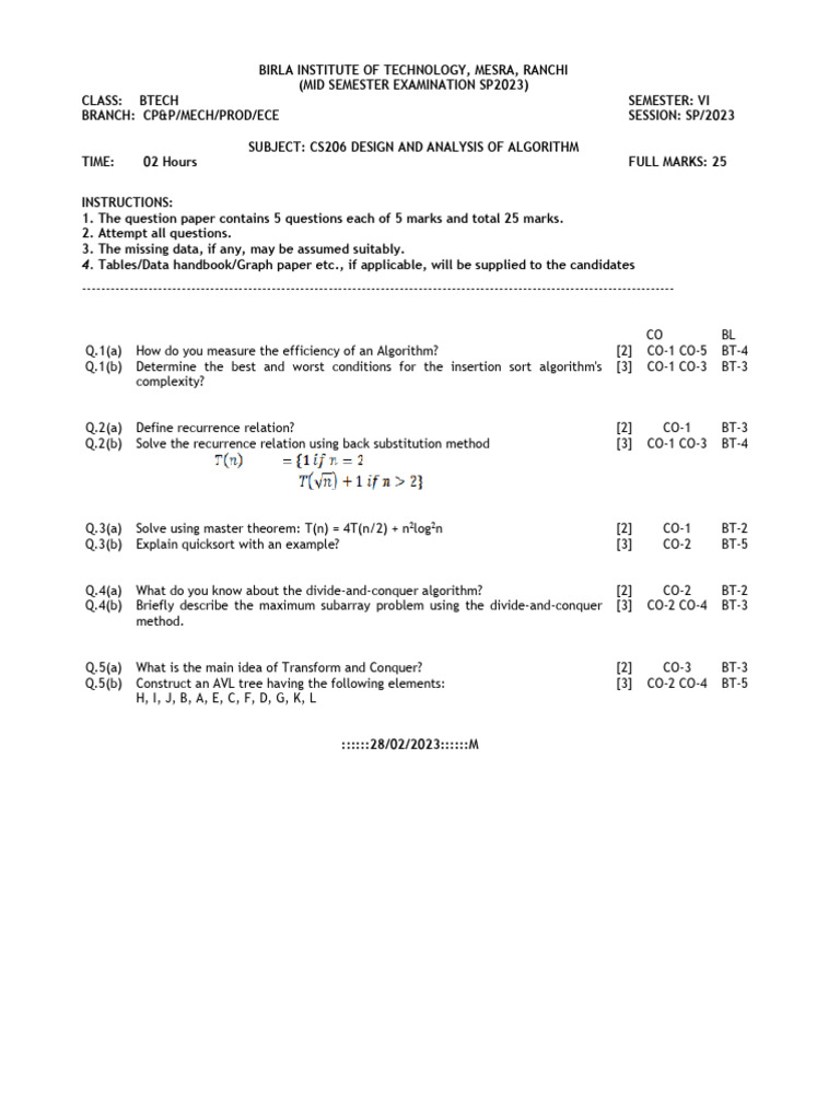 Cs206 Design and Analysis of Algorithm (Mid_sp23) | PDF | Computer Science | Mathematical Relations