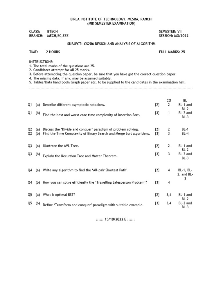 CS206 Design and Analysis of Algorithm - Oe (Mid - Mo22) | PDF | Time Complexity | Applied ...