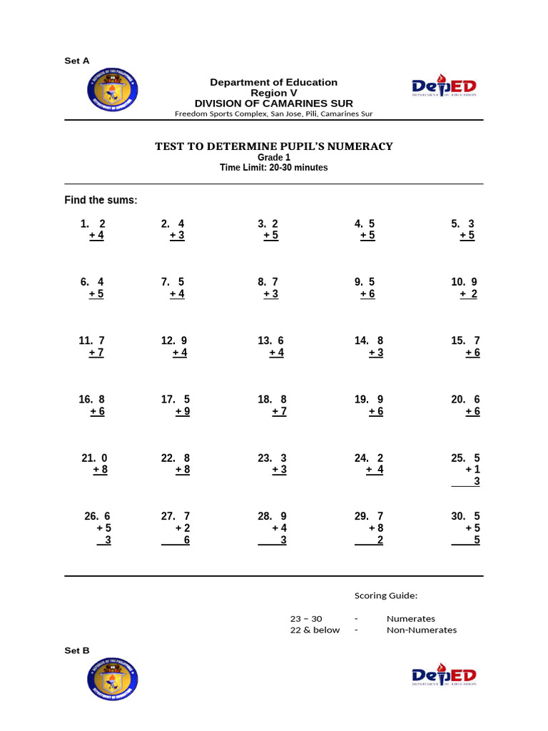 Grade 1 Numeracy Assessment Test | PDF