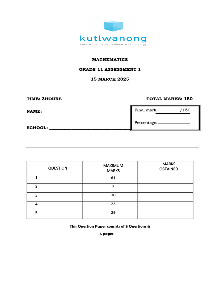 PROMATHS GRADE 11 ASSESSMENT 1 (15 MAR 2025) | PDF | Equations ...