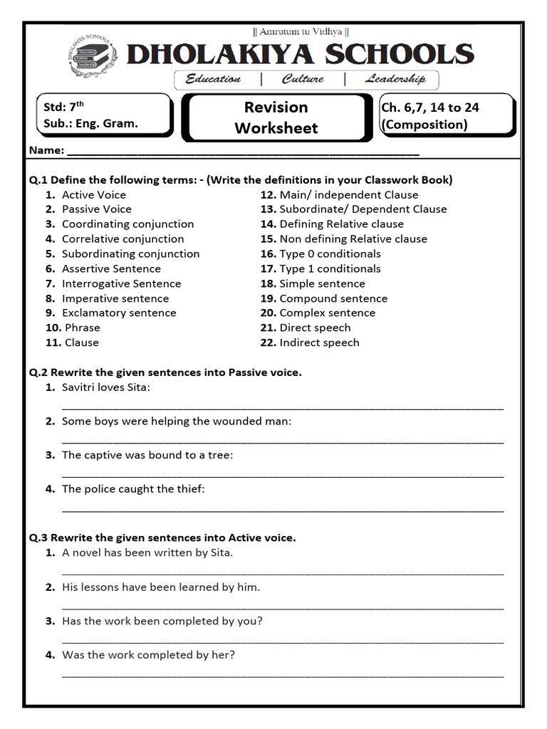 Std-7 Revision Worksheet SEM 2-3 | PDF | Sentence (Linguistics) | Clause