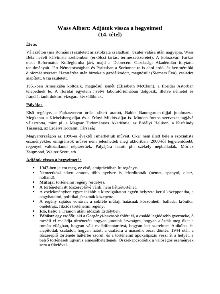 Wass Albert 14. Tétel | PDF