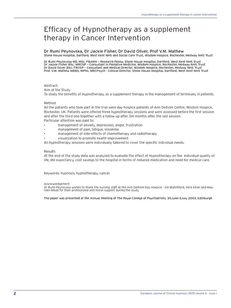Efficacy of Hypnotherapy in Cancer Care | PDF | Palliative Care ...