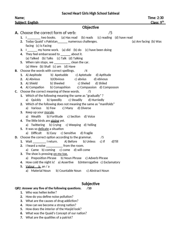 English Paper Pattern for 9th Class | PDF | Linguistics | Syntax