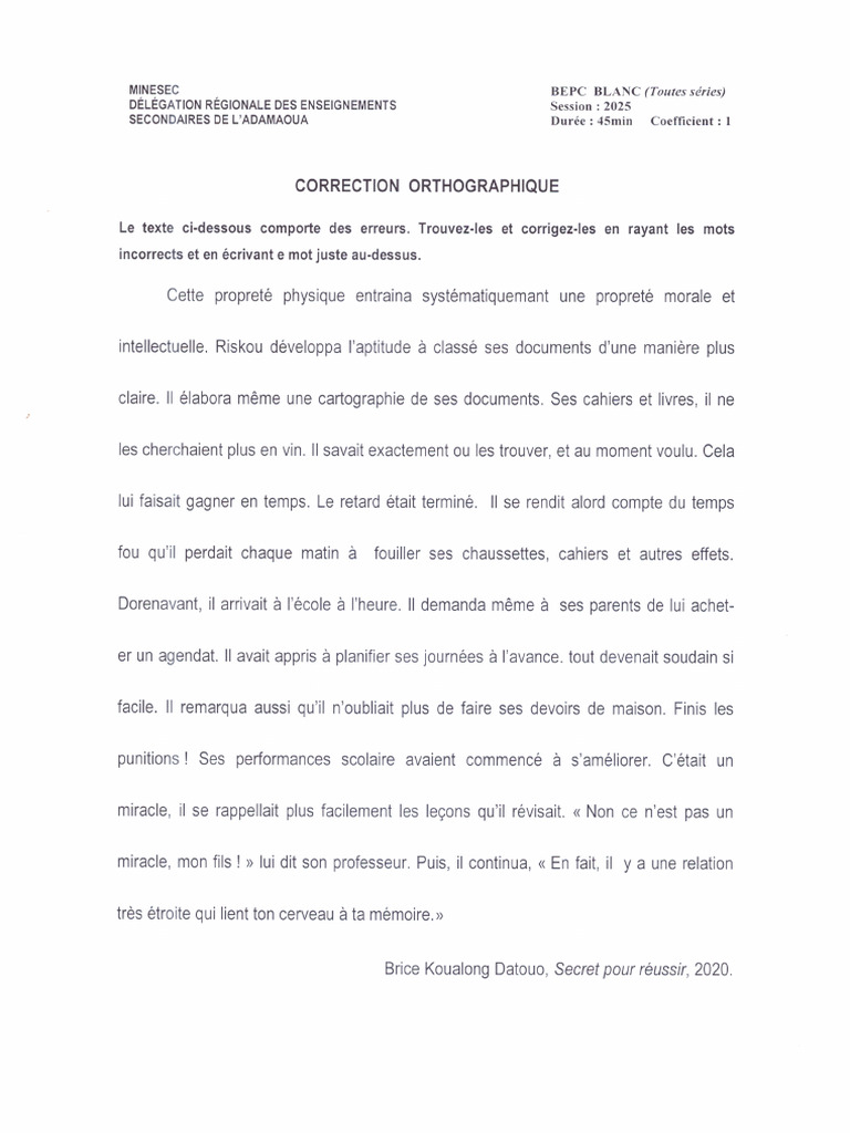 BEPC BLANC 2025 Correction Orthographique | PDF