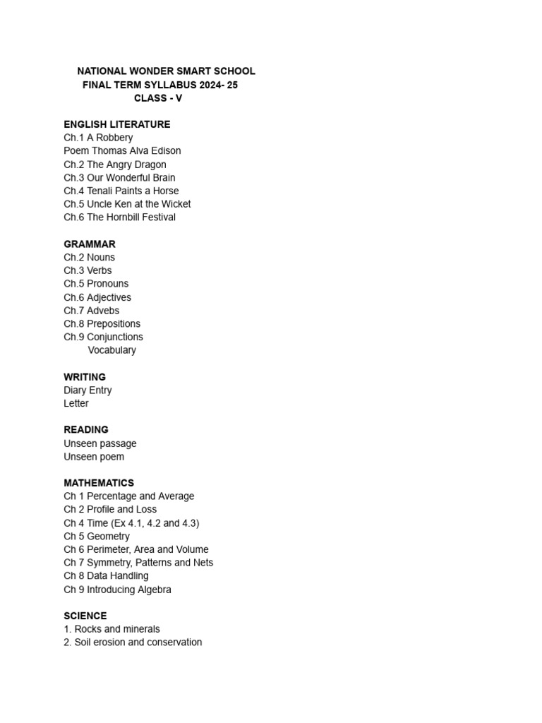 Class 5th Final Term Syllabus 2024-25 | PDF