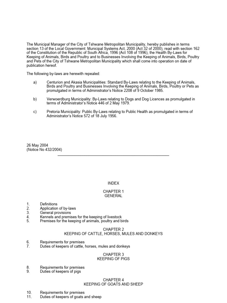 Tshwane Animal Keeping By-Laws | PDF | Pet