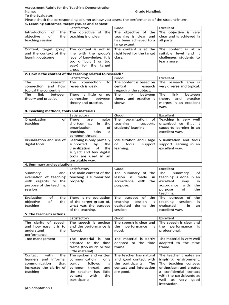 Assessment Rubric For The Teaching Demonstration | PDF | Teachers | Learning