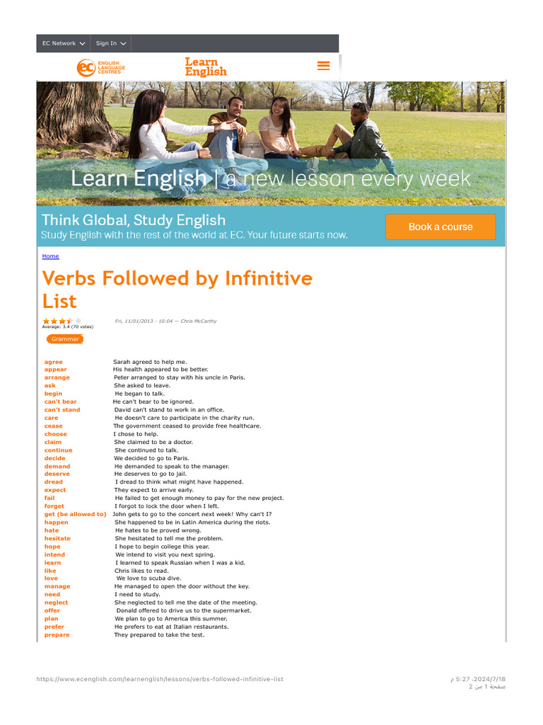 Verbs Followed by Infinitive List - Learn English | PDF