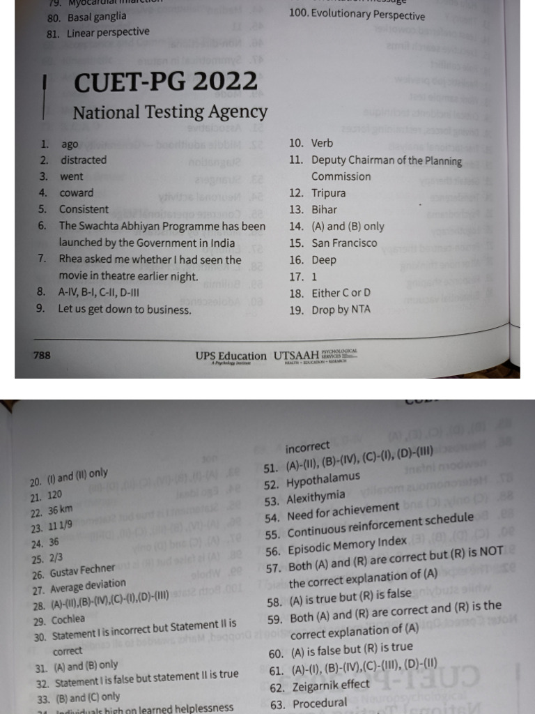 Answer Key 2022&2023 Cuet PG Psych | PDF