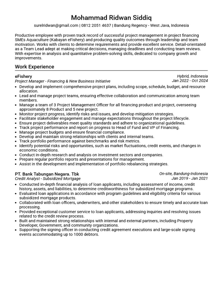 Mohammad Ridwan Siddiq - Resume | PDF | Project Management | Mortgages