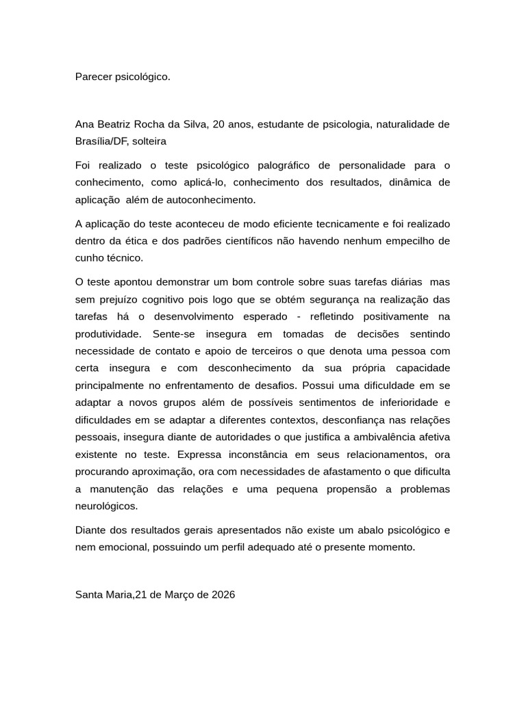 Parecer Psicológico Dani | PDF