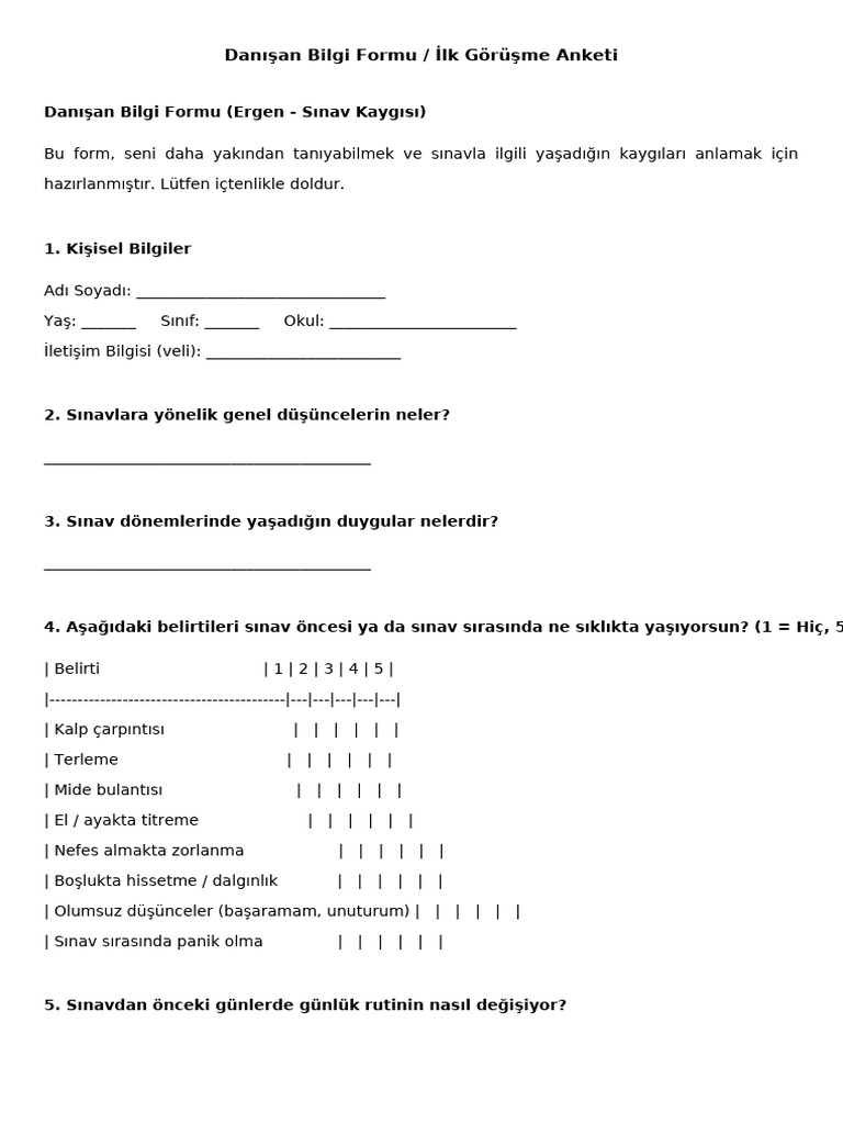 Ergen Sinav Kaygisi Danisan Formu | PDF