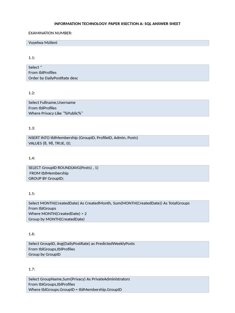 SQL Answer Sheet Properties | PDF